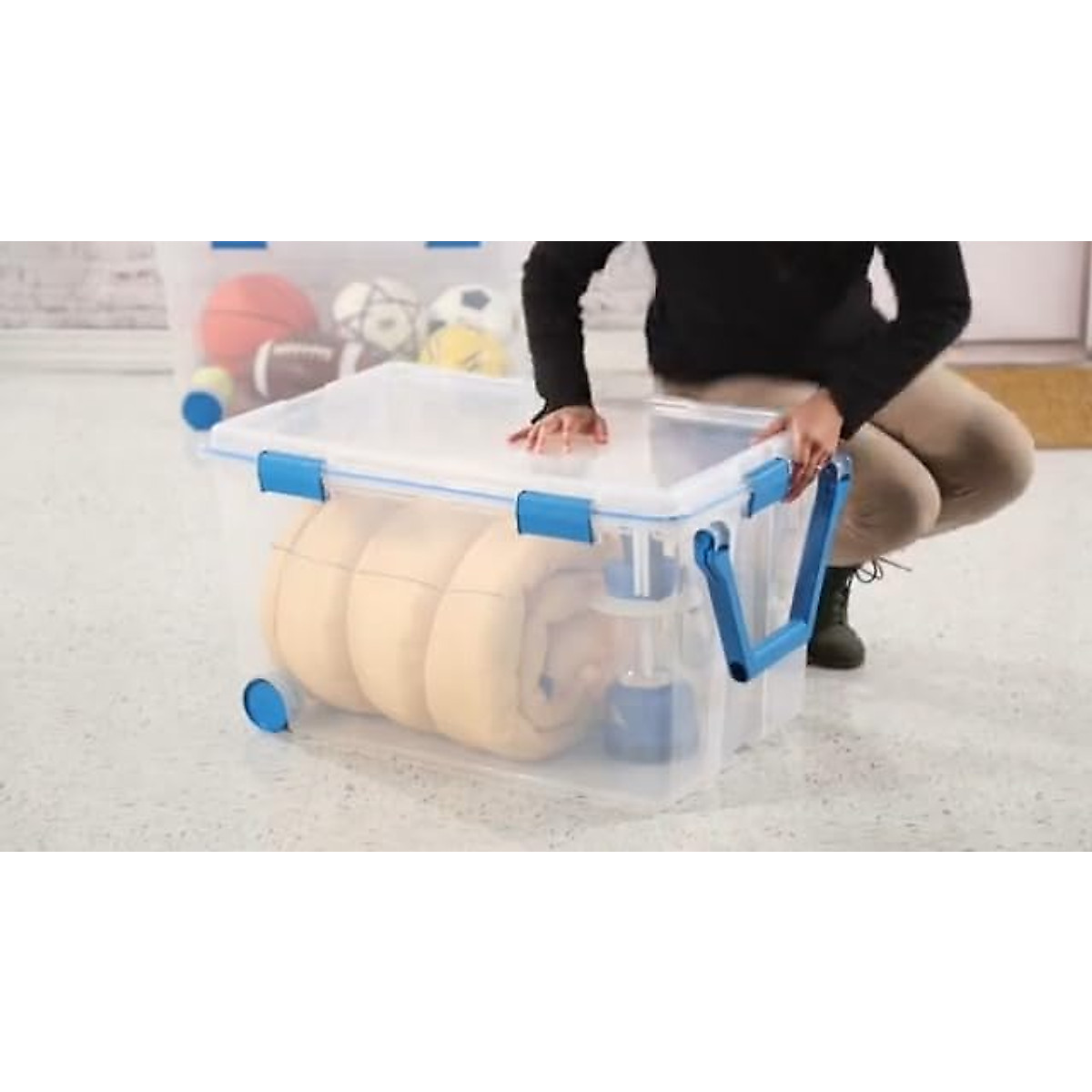 Plexon Wheeled Gasket Box, Latches Locking, Plastic, Blue, Ergonomic Handle, 120 qt, 16.75 in. H X 19.62 in. W X 30.25 in. D, Made in USA