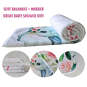 Popfavors Floral Elephant Baby Monthly Milestone Blanket, Jungle Elephant Girl's Soft Fleece Monthly Milestone Blanket , Girl Elephant Nursery Infant Newborn, Includes Marker (White, 50x40 inch )
