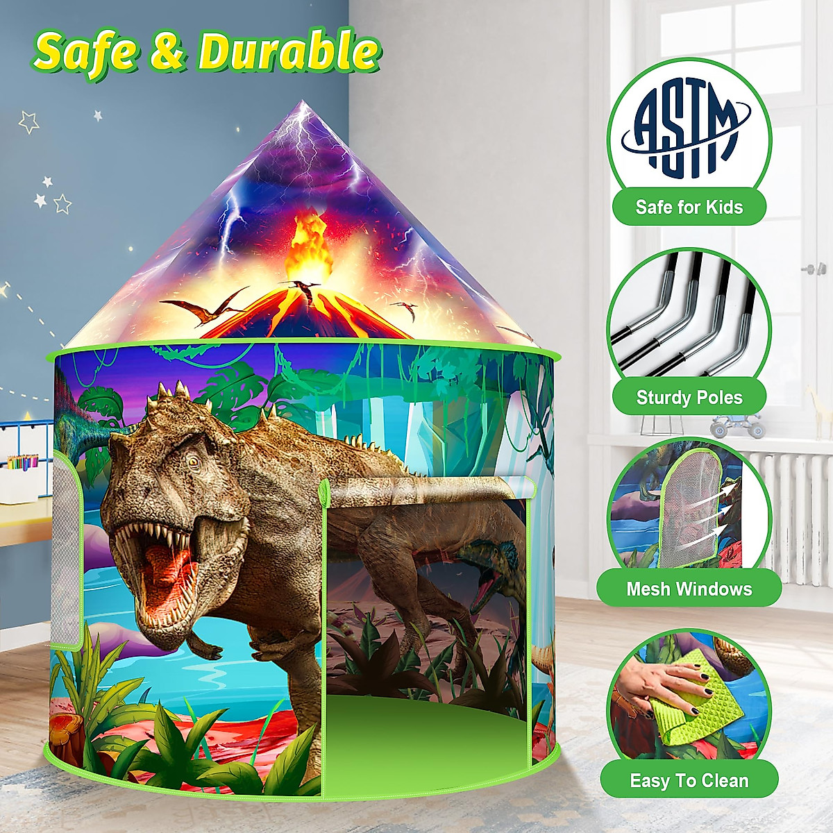 HopeRock Dinosaur Kids Tent with Roar Button, Kids Play Tent with Dinosaur Toys for Boys & Girls Kids Pop Up Tent for Boys, Kids Indoor Tents Birthday Chirstmas Gifts for 3 4 5 6 7+ Years Old Boys
