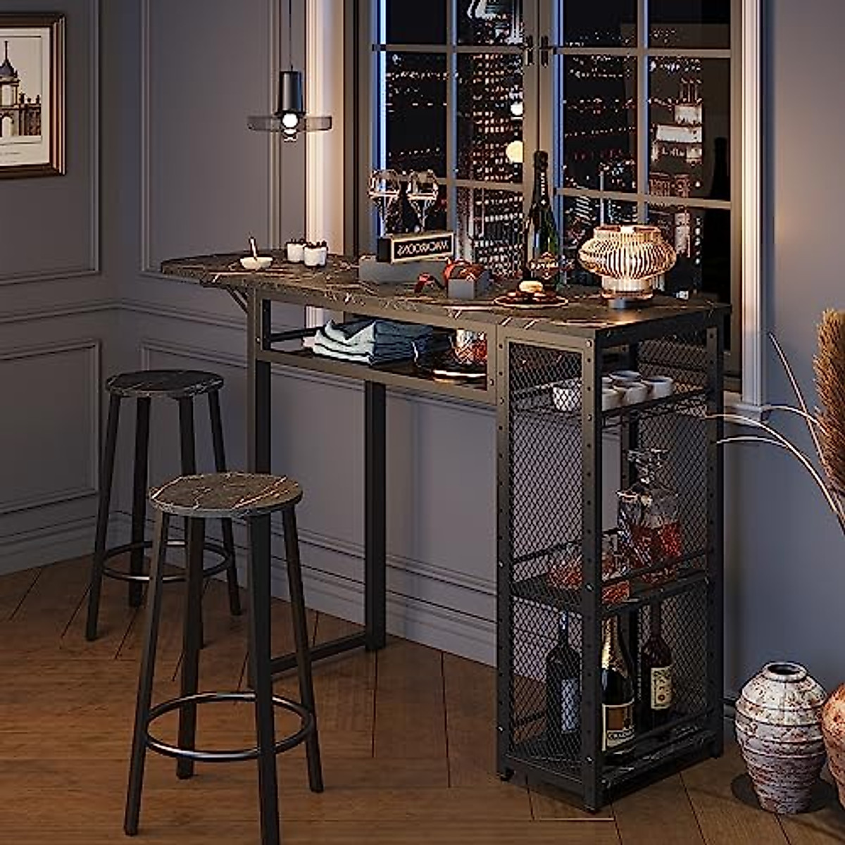 Bestier Bar Table and Chair Set, Expandable Dining Table with 2 Bar Stools, Industrial Kitchen Counter with Wine Rack & 3 Tier Adjustable Storage Shelves, Black Marble