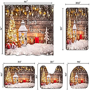 YRIGSUN 5 Pcs Wood Light Snow Christmas Tree Decor Merry Christmas Shower Curtain Sets with Rugs and Towels, Toilet Lid Cover, Bath Mat Festive Colorful Xmas Elements Bathroom Set