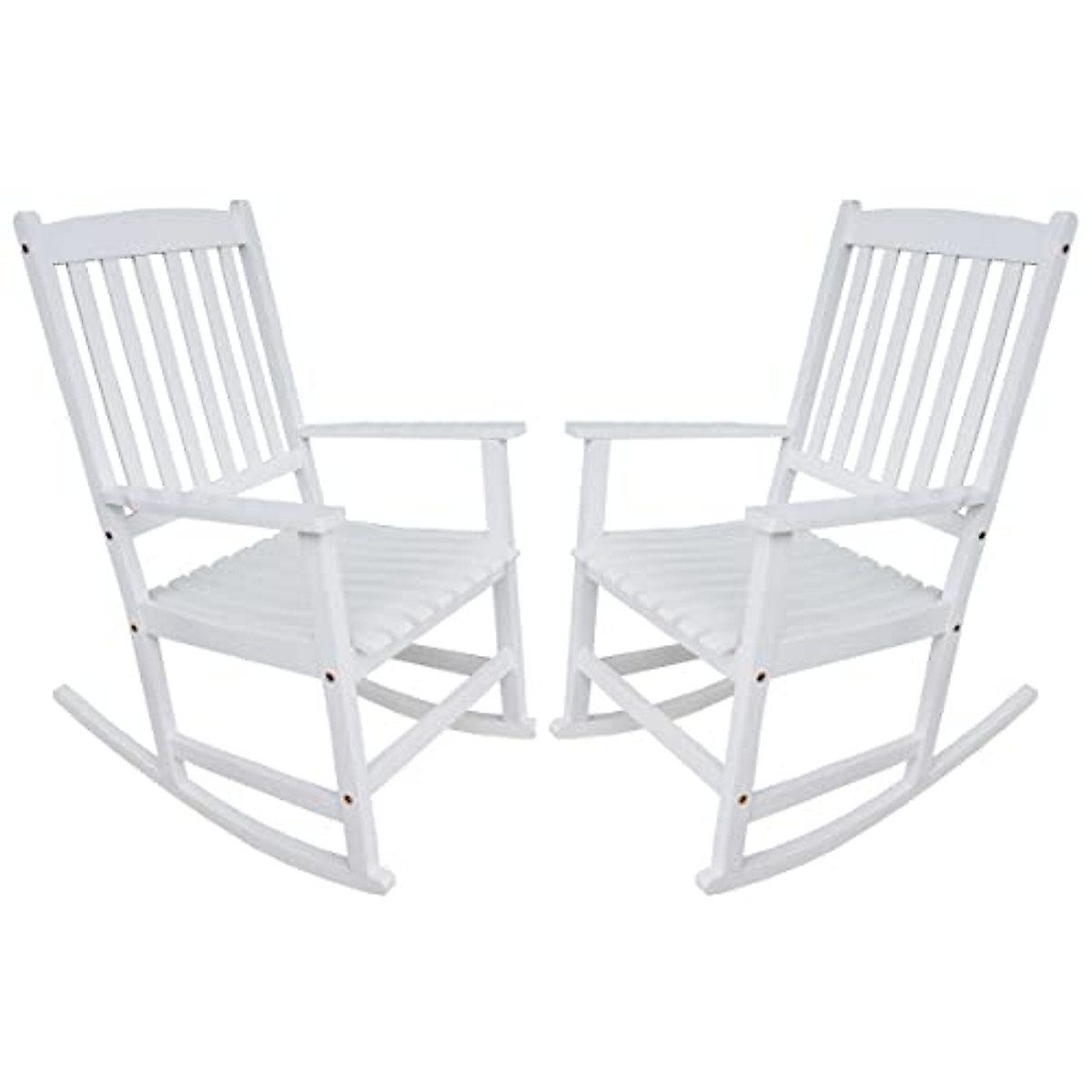 BTEXPERT Indoor Outdoor Slatted Wooden Front Rocking Chair Garden Deck Porch Rocker, Furniture, White, Set of 2