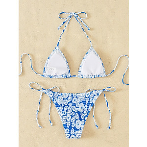 MakeMeChic Women's Halter Tie Side Triangle Bikini Set high Cut 2 Piece Bikini Swimsuit Bathing Suit A-Blue L