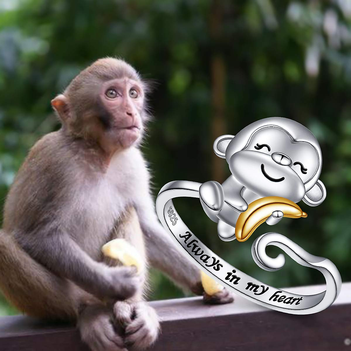 FLYOW 925 Sterling Silver Engraved Always In My Heart Cute Animal Wise Monkey with Banana Adjustable Ring Birthday Jewelry for Women, Size 6