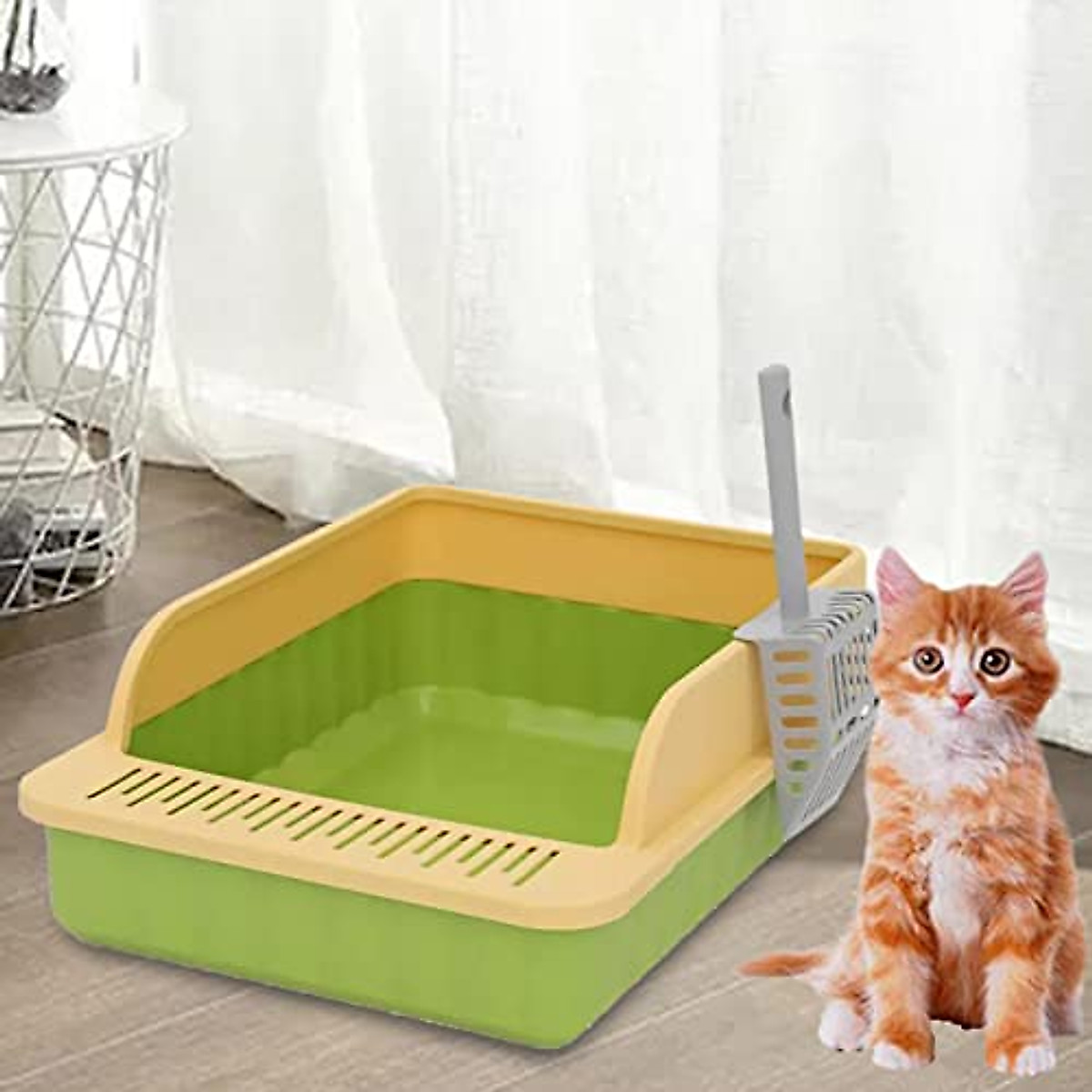 MagiDeal Pet Litter Tray Potty Toilet High Sided Cat Litter Box for Small and Medium Cats, Green Yellow