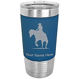 LaserGram 20oz Vacuum Insulated Tumbler Mug, Cowgirl Riding Horse, Personalized Engraving Included (Faux Leather, Blue)