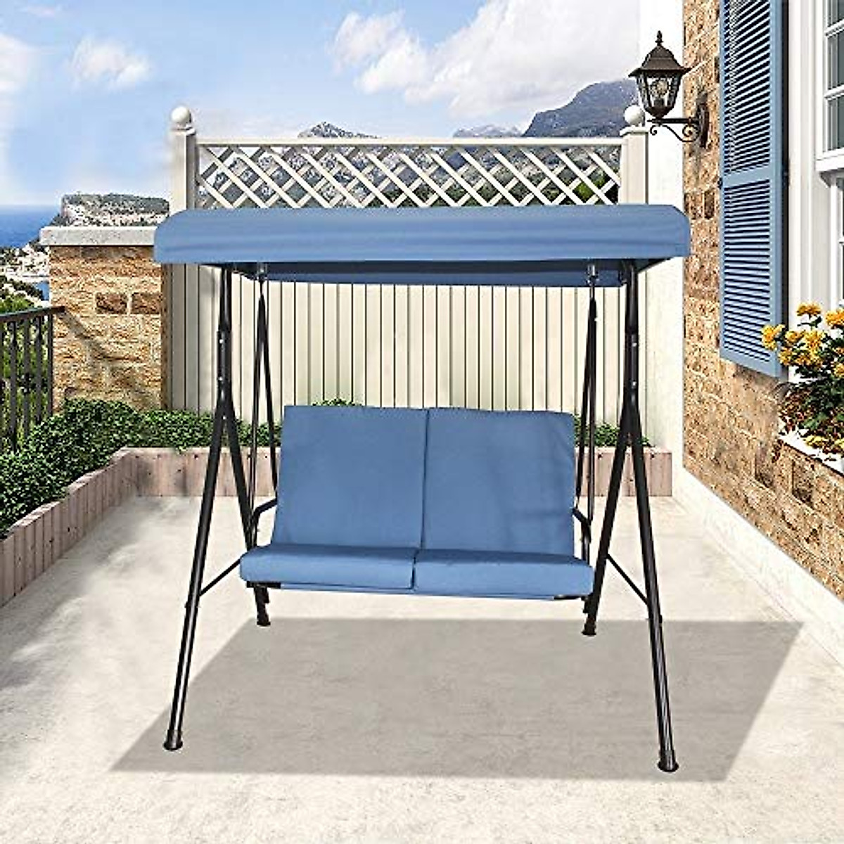 Homebeyond Patio 2 Seater Swing Top | Sunshade Hammock Cover UV Protected Waterproof Outdoor Seat for Garden Pool Porch | Swing Canopy with Stand (Blue) - SW-2B