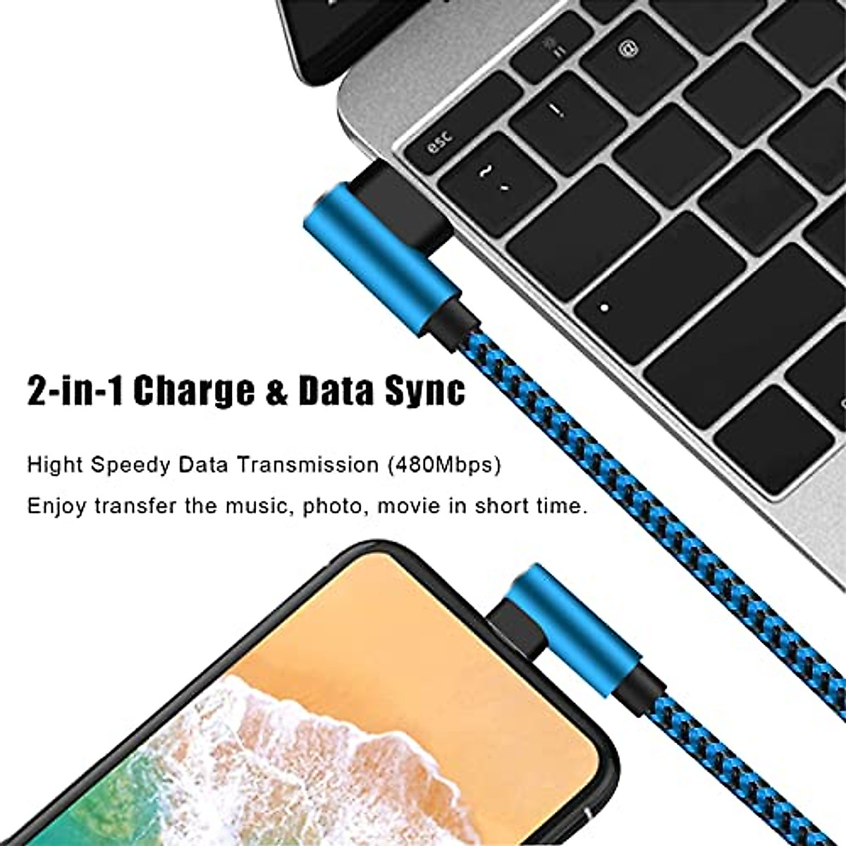 finekeep iPhone Charger Cable 10FT 3 Pack 90 Degree Lightning Cable MFi Certified Nylon Braided Right Angled Lightning Charging Cable for iPhone 12/11/11 Pro/XS Max/XR/X/8/7/6 (Blue Black)