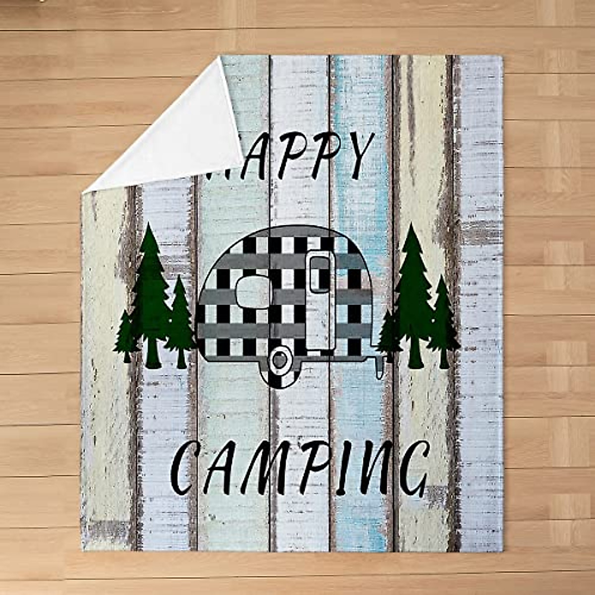 Camper All Season,Bed Blanket Happy Camping Plush Throw Blanket, RV Camping Flannel Fleece Blanket for Bedroom Decor Cartoon Camping Car Farmhouse Trailers Camper 40"x50"