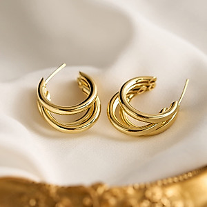 SWEETV Chunky Gold Hoop Earrings 20mm Thick for Women Triple Hoops Sterling Silver Open Earring