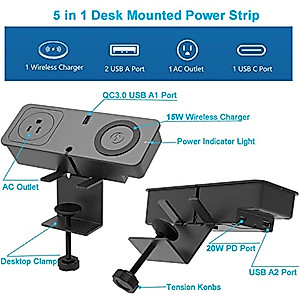 Desk Clamp Power Strip USB C, Desk Mount Power Strip with AC Outlet/2 USB Ports/15W Wireless Charger Station, Desktop Surge Protector PD 20W USB C Fast Charging, Fit 2.16" Tabletop Edge