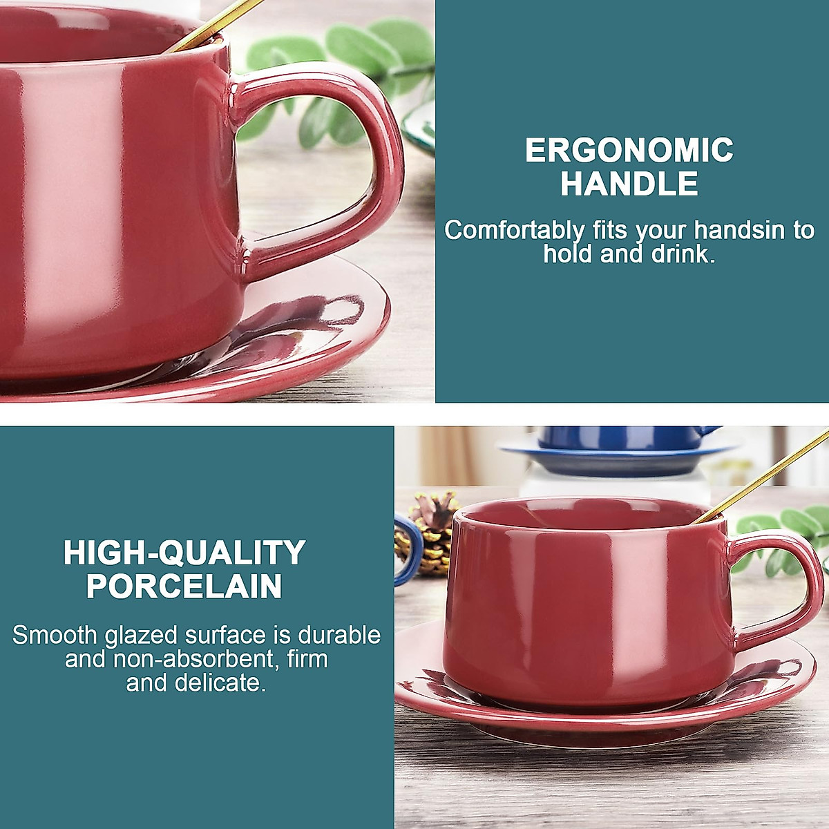 GOOD ALWAYS Coffee Mug with Spoons, Espresso Cups and Saucer for Latte & Cappuccino & Double Espresso, Christmas and Essentials for New Home(Red)