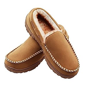 LseLom Moccasins Slippers for Men Memory Foam Indoor Outdoor House Shoes Fleece Warm Bedroom Slippers Mens Moccasins Size 11 US Beige