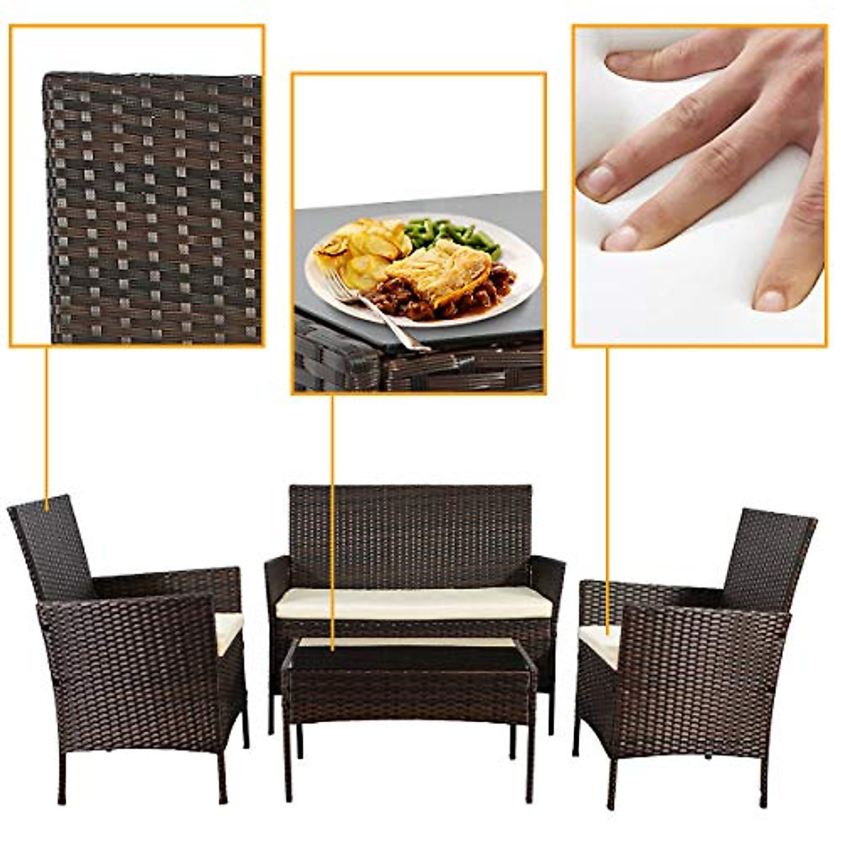 4 Pieces Outdoor Furniture Set Patio Rattan Conversation Furniture Set All-Weather Wicker Bistro Set Comfortable Chairs and Coffee Table Outdoor Indoor Use Patio Poolside Backyard Garden (Brown)