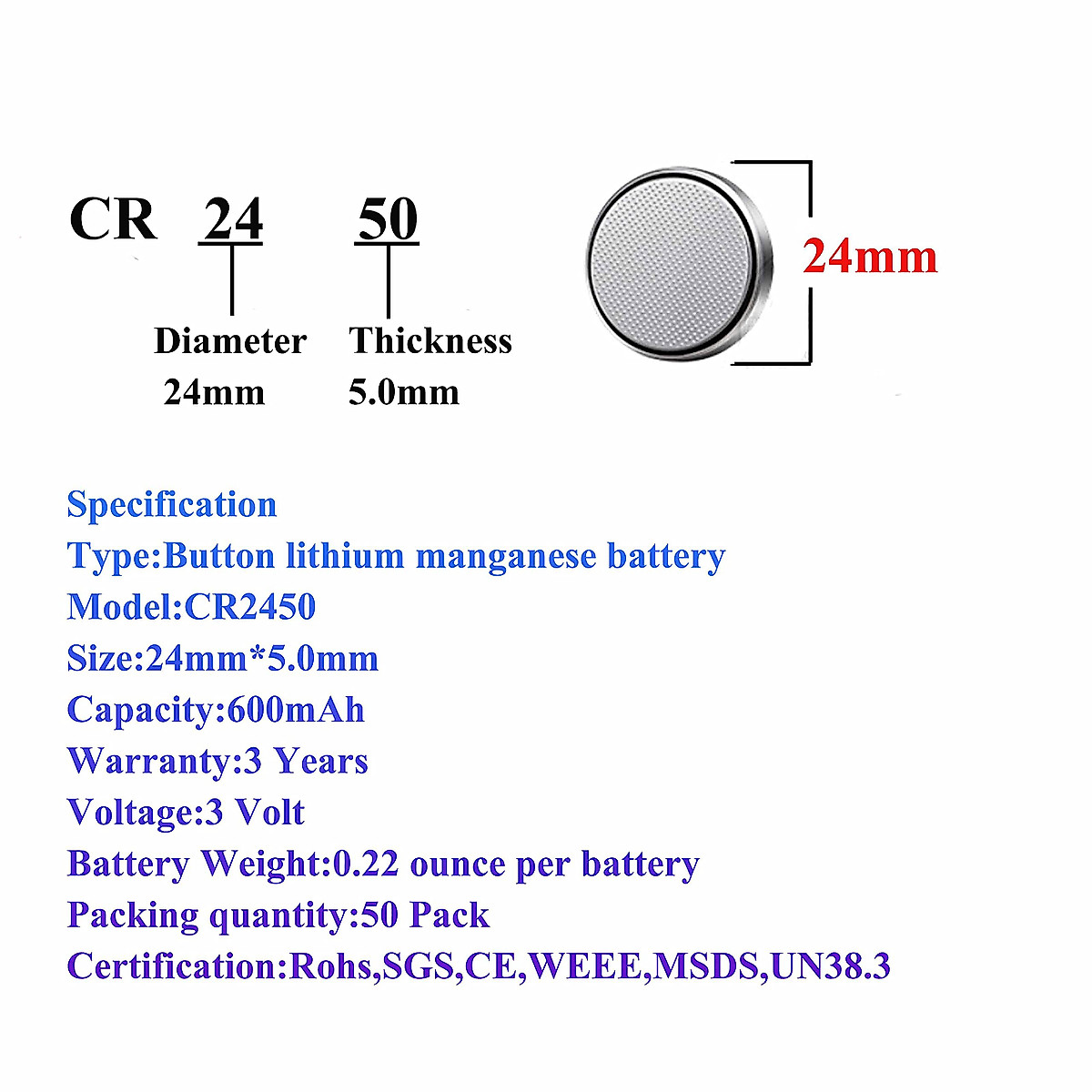 Taysing 50 Pack 3V High Capacity Lithium Button Coin Cell Batteries CR2450 ECR2450 Used in Most Electronic Devices