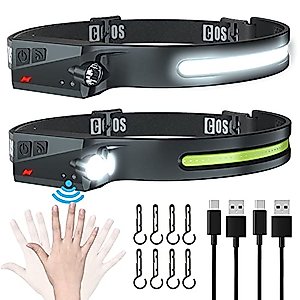 COSOOS 2 Rechargeable Headlamps, Bright LED Headlamp Flashlight, 1000 Lumen 230° Wide Beam & Spotlight, Sensor Mode, 2.4oz Lightweight Head Lamp with Clips for Hardhat, Camping, Running, Hiking