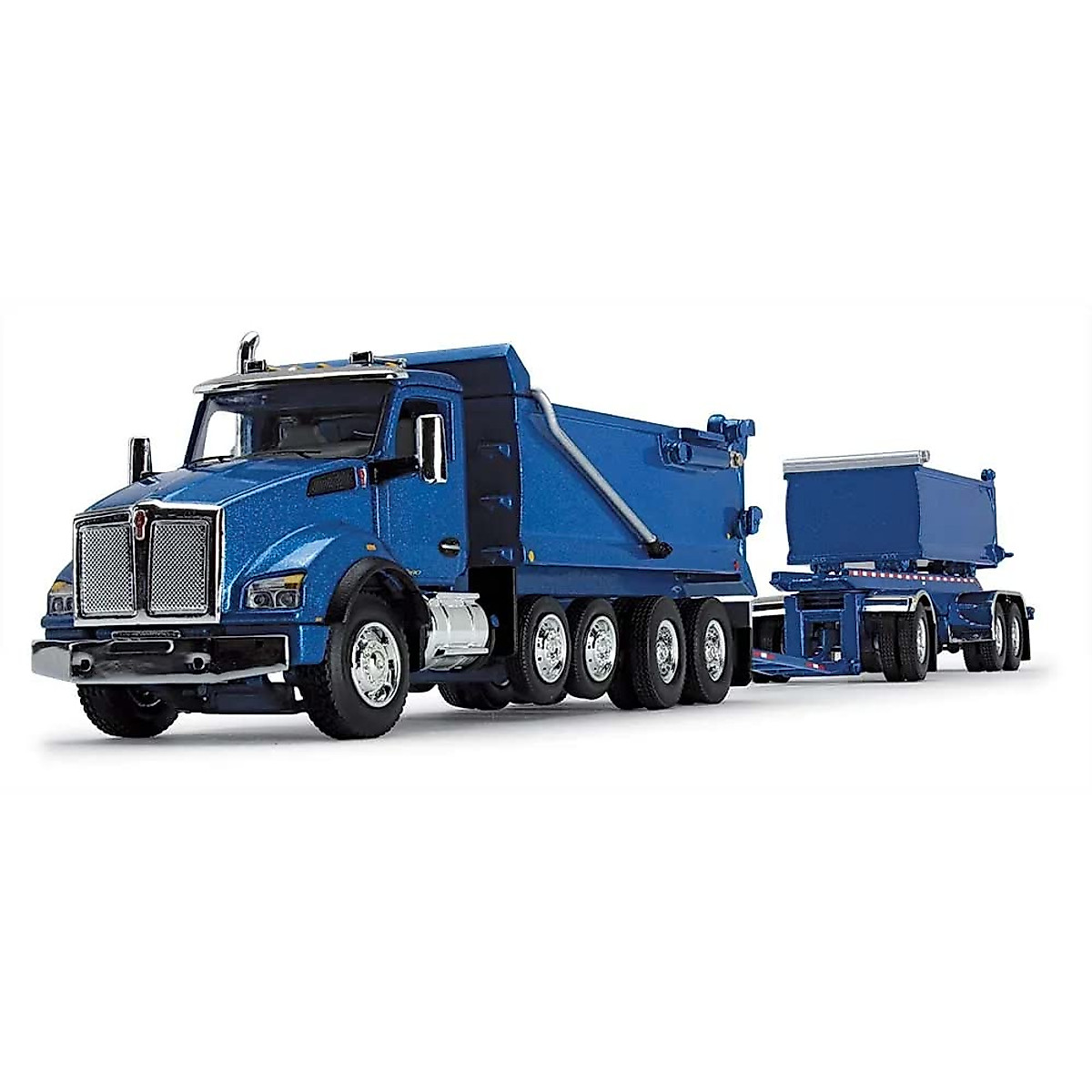 Kenworth T880 Quad-Axle Dump Truck and Rogue Transfer Tandem-Axle Dump Trailer Surf Blue Metallic 1/64 Diecast Model by DCP/First Gear 60-1277