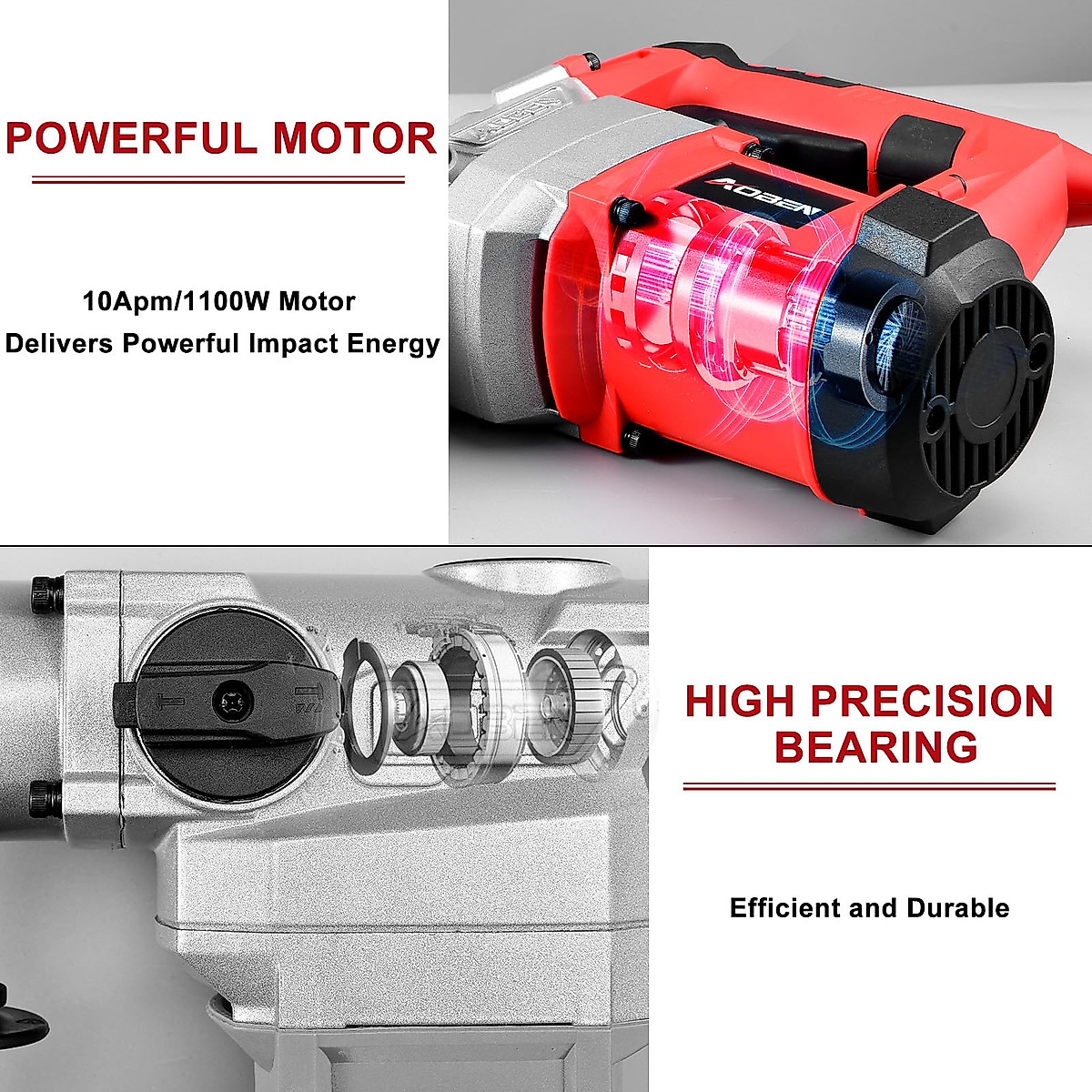 AOBEN 1-1/4 Inch SDS-Plus Rotary Hammer Drill with Vibration Control and Safety Clutch,10 Amp Heavy Duty Demolition Hammer for Concrete-Including 3 Drill Bits, Flat Chisels, Point Chisels