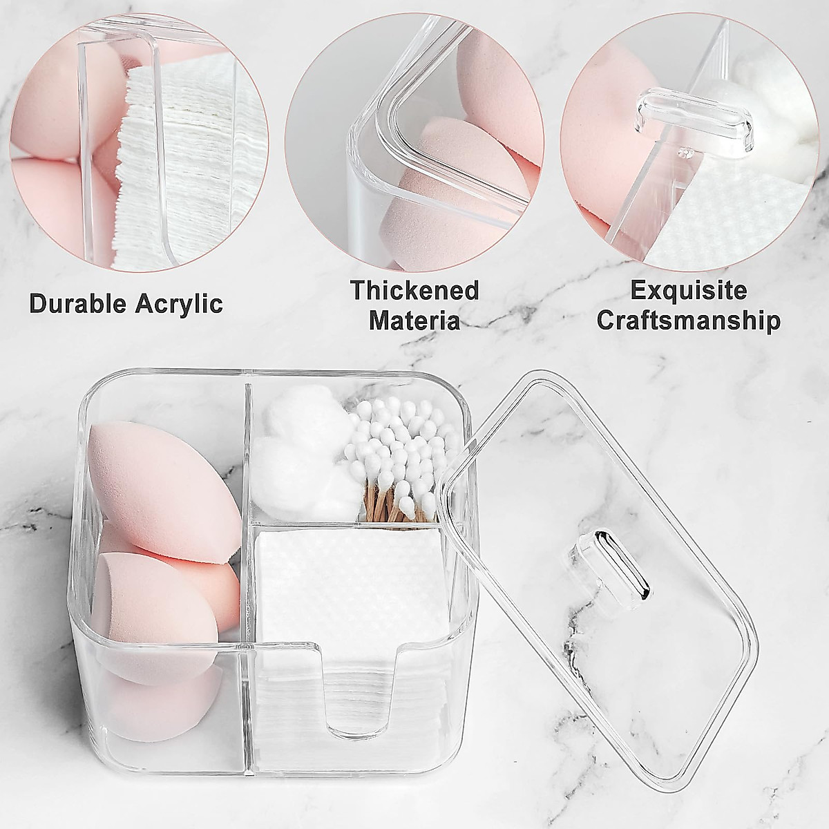 Qtip Holder, Cosmetic Items Storage Dispenser, 4 Compartments Bathroom Canisters for Cotton Swab, Cotton Ball, Cotton Pad Organizer, Clear Acrylic Containers with Lid for Bathroom Vanity Countertop