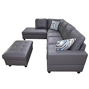 NOTOP 3-Piece Faux Leather L-Shaped Sectional Sofas, Button Tufted Upholstered Couch Set with Left Chaise Longue and Storage Ottoman, for Living Room, Home, Office, Dark Grey