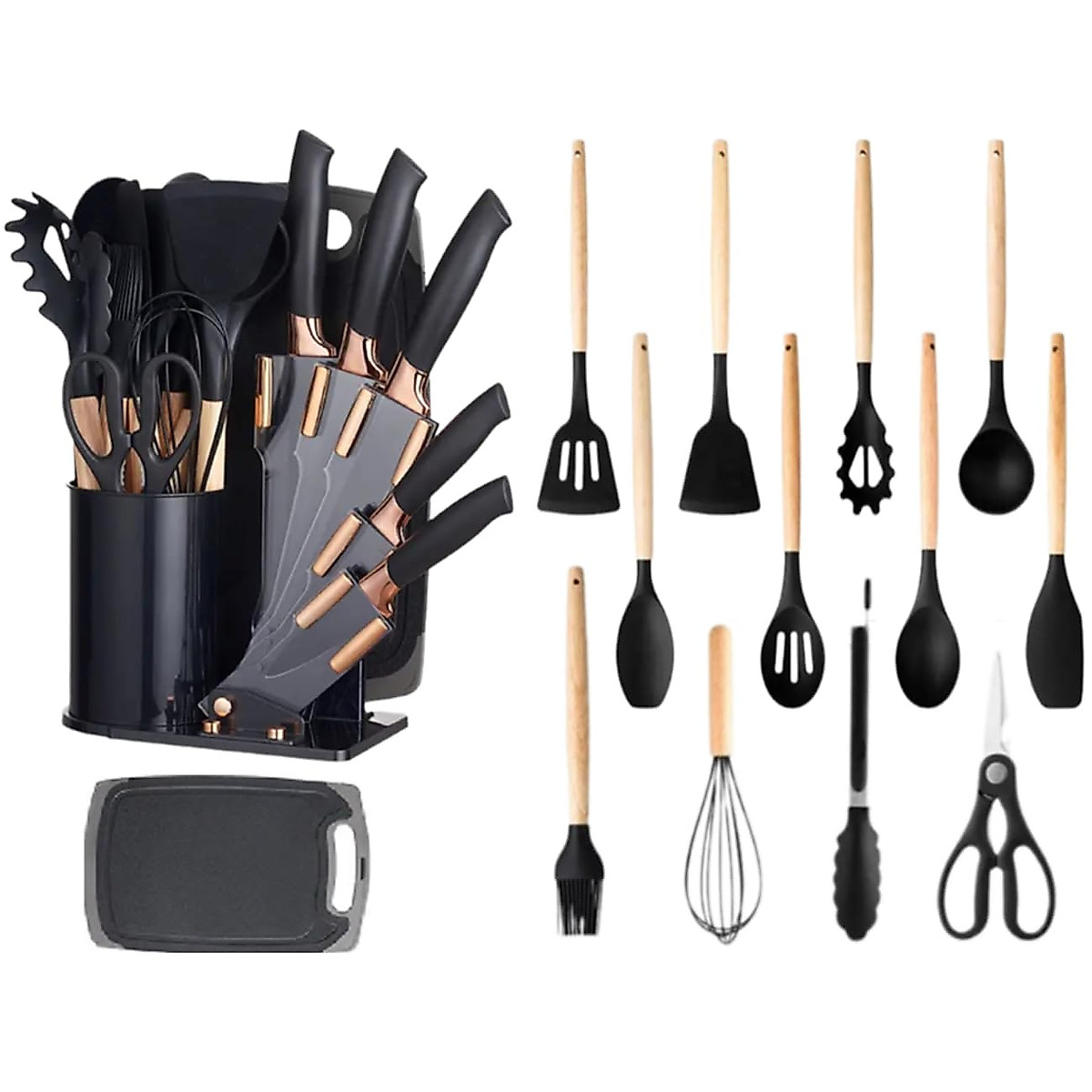 Kitchen Cooking Utensils Set, 19 pcs Non-Stick Silicone Cooking Utensils and Knife Sets with Holder,Ultra sharp Chef knives, Scissors and Cutting Board,Heat Resistant,Turner, Spatula,Wooden Handle