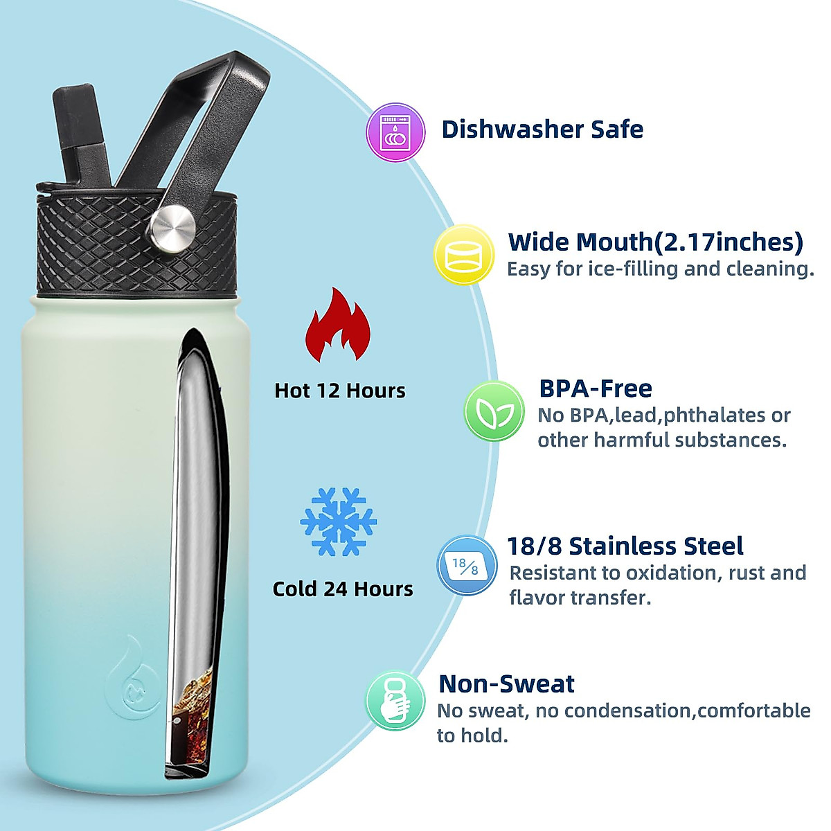 BJPKPK Insulated Water Bottles with Straw Lid, 18oz Stainless Steel Metal Water Bottle, Cold Hot Thermos with 3 Lids, Leak Proof BPA Free Travel Cup, Wide Mouth Flasks, Thermos -Mint