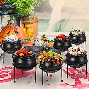 Jenaai 6 Pcs Halloween Witch Cauldron Plastic Black Candy Serving Bowl on Stand, Black Witch Cauldron Candy Holder for Home Indoor Outdoor Kitchen Halloween Party Decorations