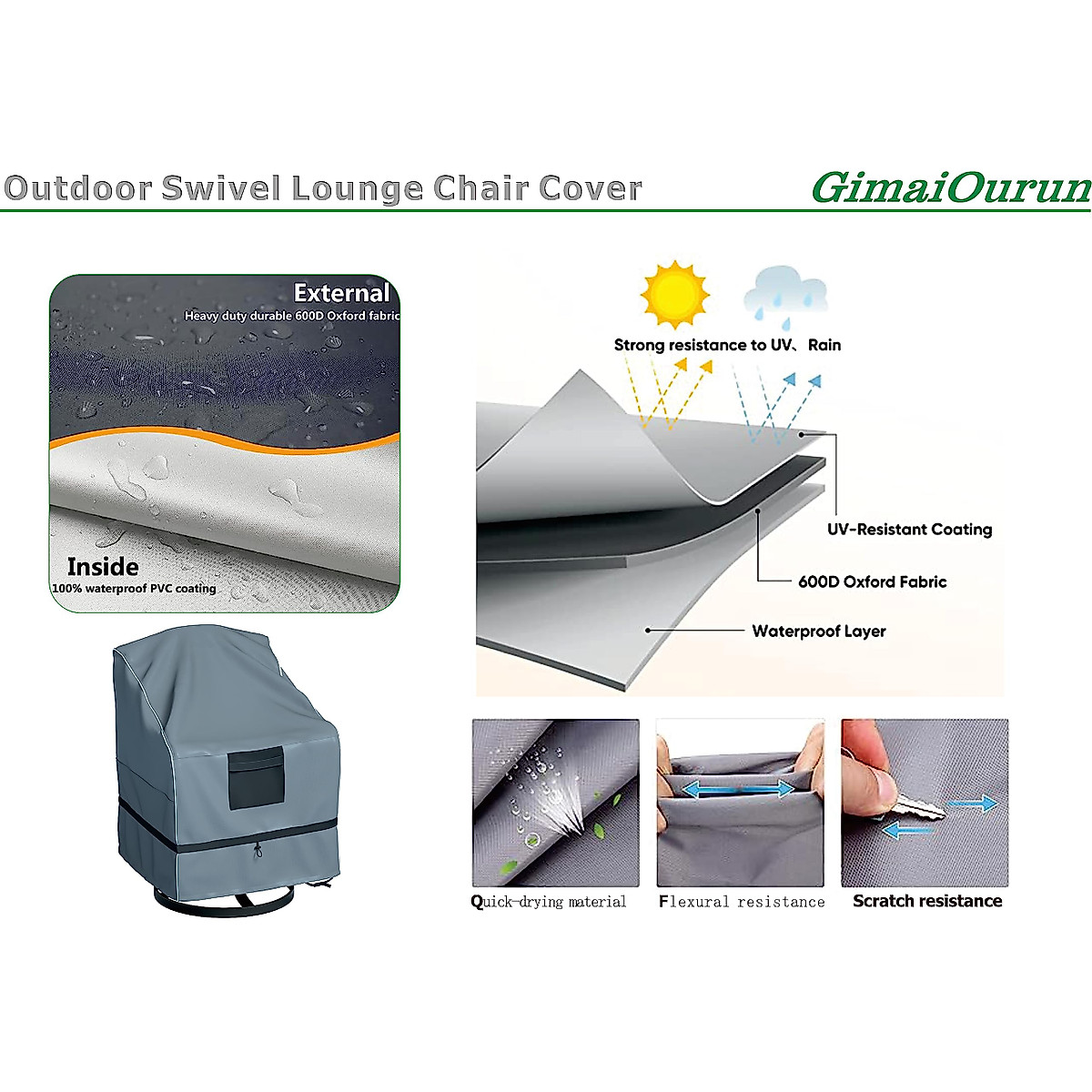 GimaiOurun Outdoor Swivel Lounge Chair Cover 4 Pack, Waterproof Heavy Duty Outdoor Chair Cover, Outdoor Lawn Patio Furniture Rocking Chair Cover, (29 W x 31 D x 38.5 H inches), Gray