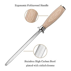 WALLOP Honing Steel - Kitchen Knife Sharpener Rod 8 inch - German HC Stainless Steel Honing Steel for Honing Chef Knife Blades - Natural Pakkawood Handle with Gift Box