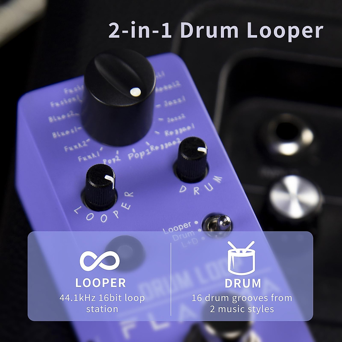 FLAMMA FC01 Looper Pedal Drum Machine 2 in 1 Drum Looper Guitar Pedals, 20 Minutes Loop Time with 16 Drum Grooves, Tap Tempo, 44.1kHz/16Bit Mini Guitar Effects Pedal with 3 Mode