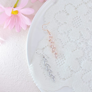 Wedding Dangle Earrings, Marquise Cubic Zirconia Crystal Chandelier Earrings for Brides, Bridesmaid, Women, Prom, Rose Gold Leaf Long Drop Earrings (Rose)