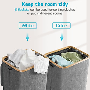 200L Laundry Hamper, HYSEYY 2-Pack Extra Large Laundry Baskets with Lid, Removable Inner Bags, Collapsible Rectangular Clothes Hamper, Laundry Organizer with Bamboo Handles for Laundry, Grey