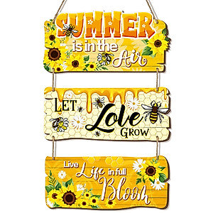 Summer Bee Welcome Door Sign Sunflower Front Door Decor Wooded Hanging Sign Farmhouse Sunflowers Front Porch Sign Inspirational Quotes Wall Decor for Home Living Room Decorations