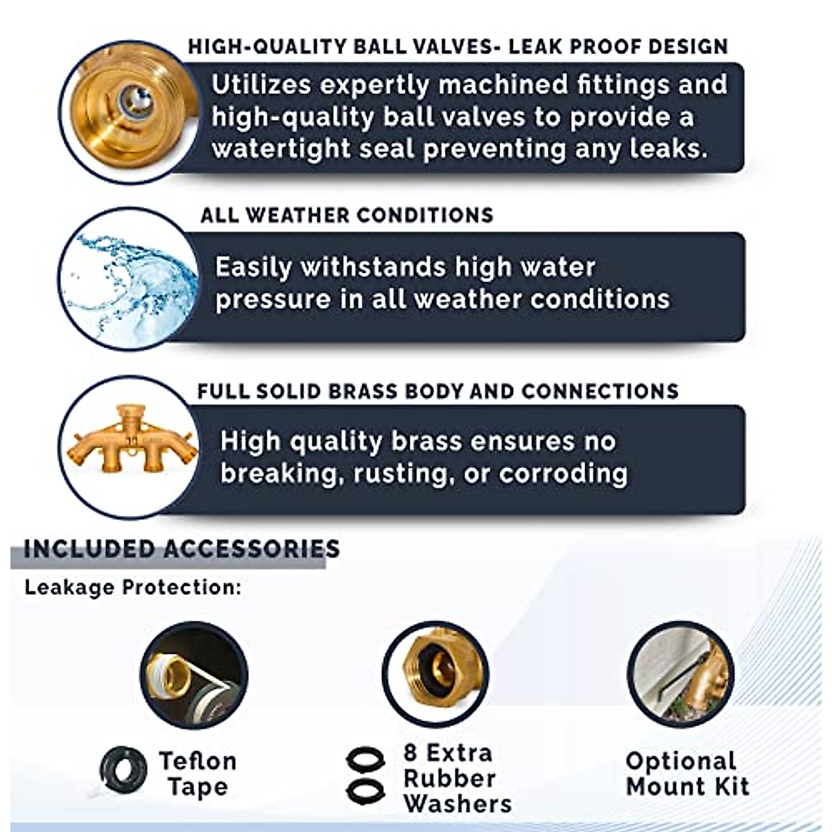 Morvat Heavy Duty Brass 4 Way Splitter, Garden Hose Manifold Connector with Comfort Grip ON/OFF Valves, Adapter for Water Faucet & Spigot, Includes 8 Extra Washers, Roll of Teflon Tape & Mounting Kit