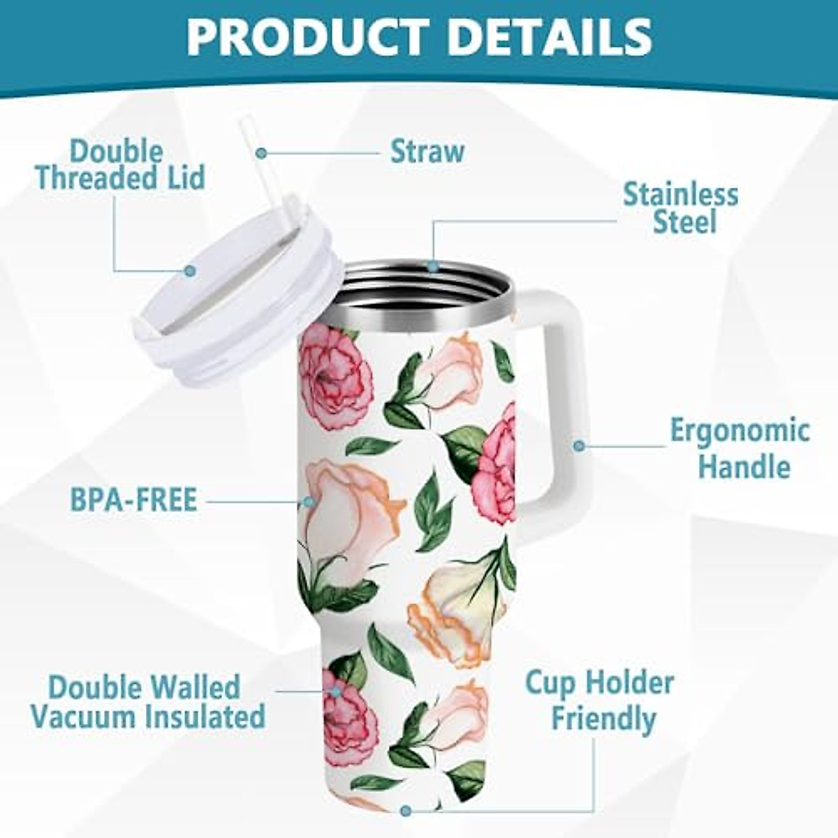 Adornlife Flower Pink Rose 30 oz Tumbler with Handle and Straw Lid, 100% Leak-proof Travel Coffee Mug, Stainless Steel Insulated Cup For Beverages, Cupholder Friendly