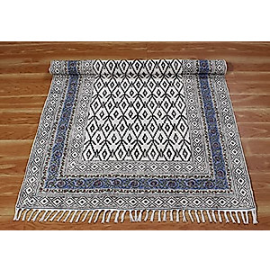 Casavani Hand Block Printed Rug Floral Blue & Beige Tassel Rug Boho Area Rug Easy Care Washable Rugs for Doormat Entryway Living Room Bedroom Hallway Balcony 12x12 Feet Square