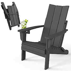 Folding Adirondack Chair with Cup Holder, Poly Lumber Patio Chairs, Wood Texture, Pre-Assembled Weather Resistant Outdoor Chairs for Pool, Deck, Backyard, Garden, Fire Pit Seating, Slate Gray