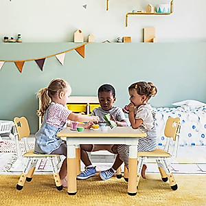 AuAg Kids Table and 4 Chairs Set, Height Adjustable Toddler Study Table and Chair Set for Age 2-10, Multi-Activity Art Table W/Graffiti&Scrubtable Desktop, for Daycare, Classroom, Home (Natural)