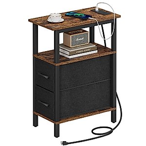 VIMBER Narrow Side Table for Small Spaces, Skinny End Table with Charging Station, Sofa Beside Table with 2 Drawers 1 Open Compartment, Slim Nightstand with USB Ports Outlet, Rustic and Brown UTBT004F