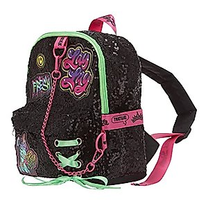 That Girl LayLay Mini Backpack PURSE for Girls, 10 inch, Sequin Material with Lace Up Grommet Details & Appliqued Patches, Adjustable Shoulder Straps, Light Weight Travel bag for kids