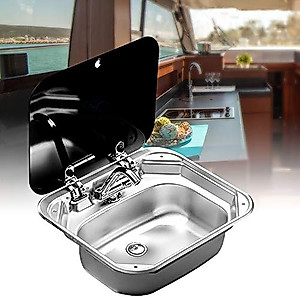 Outdoor RV Caravan Basin Sink,Stainless Steel Boat RV Caravan Camper Kitchen Basin Single Bowl Sink Hand Wash Cold and Hot Faucet Glass Lid for Camper Boating 16.53 x 14.56x 6.3inch (Rectangular Sink)