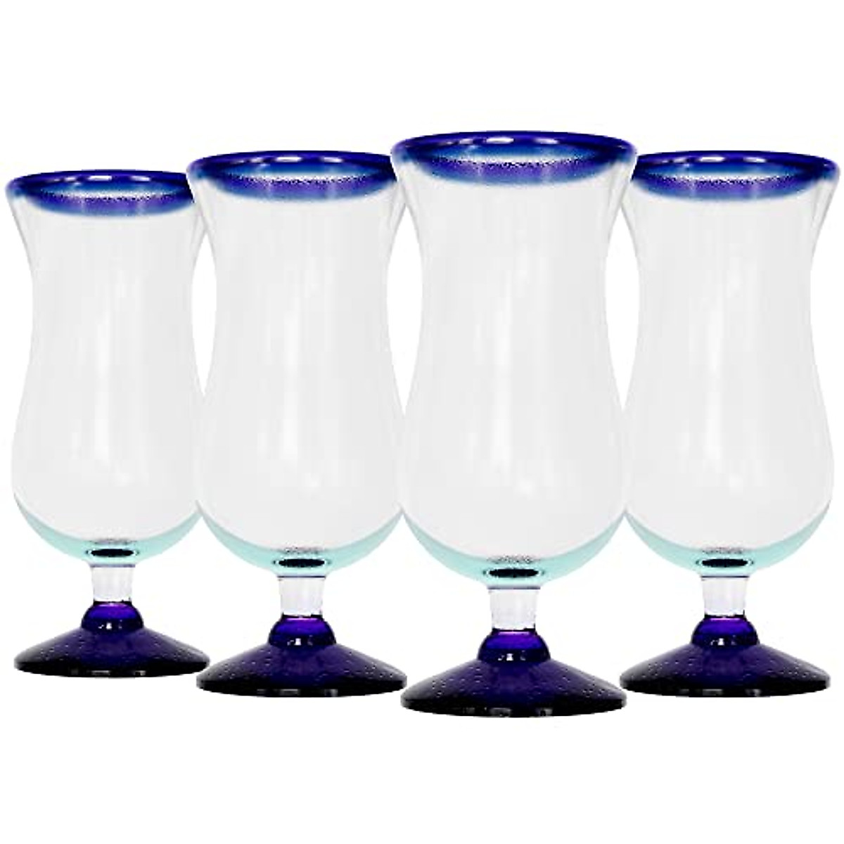 Amici Home Blue Rim Hurricane Glass | Set of 4 | Authentic Mexican Handmade Glassware | Bar Glasses for Pina Coladas, Cocktails, and Other Beverages | 16 Oz