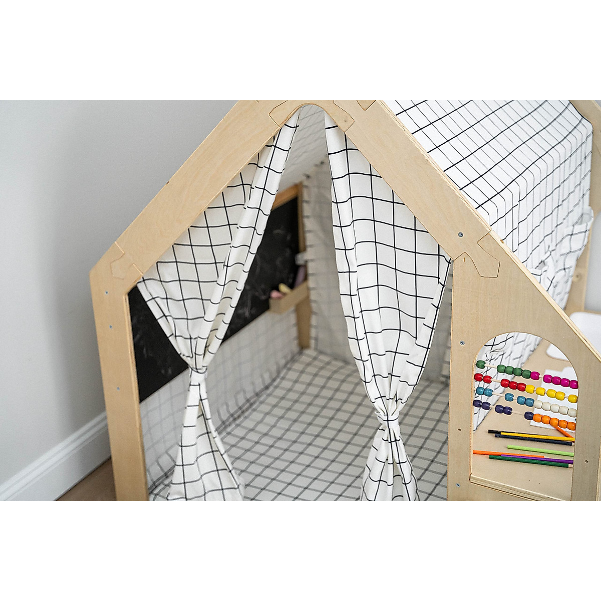 Avenlur Flair Montessori Style Wooden 5 in 1 Indoor Playhouse Play Tent with Desk Table, Chair, Chalkboard, Floor Cushion and Curtain Shades for Babies, Toddlers, Kids (Large, Windowpane)