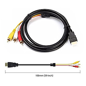 HDMI to RCA Cable 1080P 5ft HDMI Male to 3-RCA Video Audio AV Cable Connector Adapter One-Way Transmitter for TV HDTV DVD