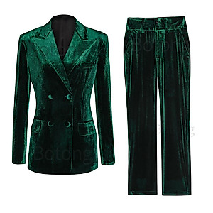 Botong Women's 2 Piece Velvet Suit Office Work Suit Notch Lapel Double Breasted Blazer Pants Business Suit Set Dark Green XL