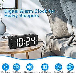 SZELAM Alarm Clock for Heavy Sleepers Adults,with Vibration Bed Shaker,2 Alarms,4 Levels Brightness,6.5" LED Digital Desk Clocks for Hearing Impaired Deaf Teens Bedroom (Black-White)