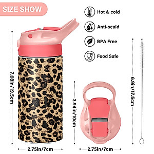 MCHIVER Leopard Print Kids Water Bottle with Straw Insulated Stainless Steel Kids Water Bottle Thermos for School Girls Boys Reusable Tumbler 12 oz / 350 ml Pink Top