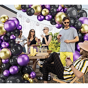 Metallic Purple Black Balloons Garland Arch Kit-143Pcs for Baby Shower, Birthday, Graduation, Engagement, Anniversary with Black & Gold Accents