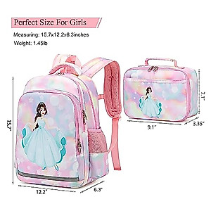 YCBB Kids Backpacks for Girls Rainbow Princess School Backpack Set with Lunch Tote Bag Lightweight Waterproof Girl School Backpack