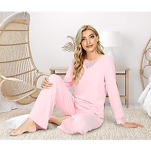 WiWi Viscose from Bamboo Pajamas Sets for Women Long Sleeve Sleepwear Soft V Neck Top with Pants Plus Size Pjs S-4X, Pink, X-Large